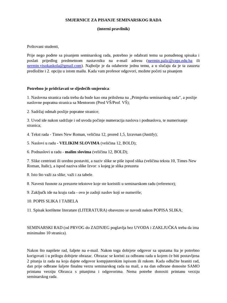 00 Smjernice Za Pisanje Seminarskog Rada | PDF