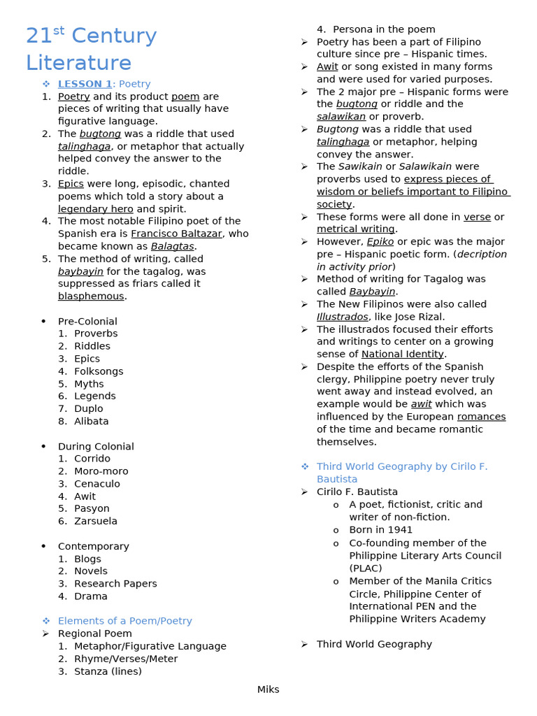 21st CEN LIT Reviewer | PDF | Poetry | Narration