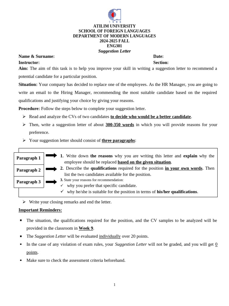 ENG301 Suggestion Letter Task Sheet 2024-2025 Fall - (Moodle Version) | PDF