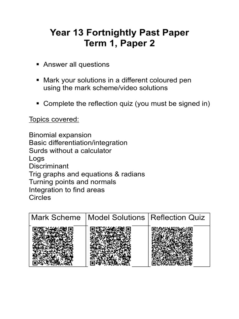 Year 13 Past Paper - Term 1, Paper 2 | PDF | Equations | Curve