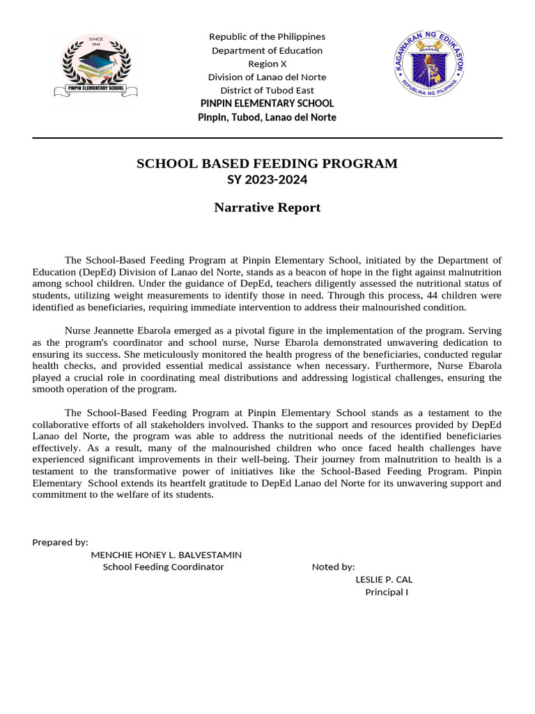 PINPINES SBFP Narrative Report | PDF | Malnutrition