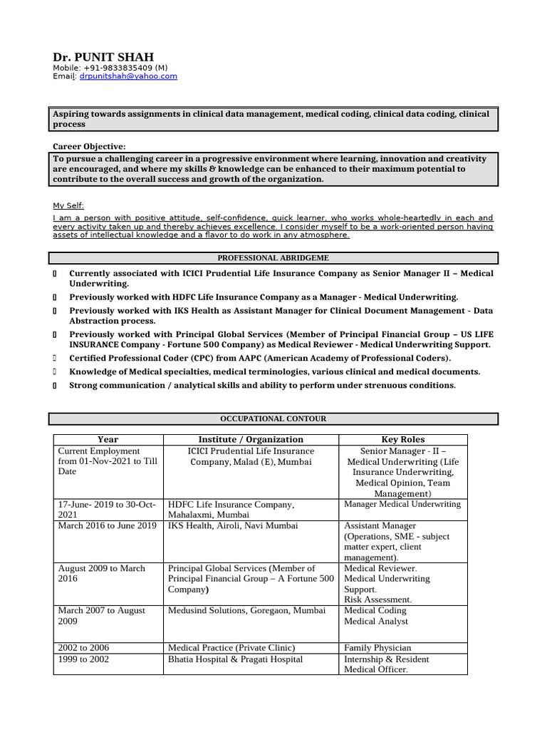 CV - Dr. Punit Shah 03-Sept-2024 | PDF | Insurance | Underwriting