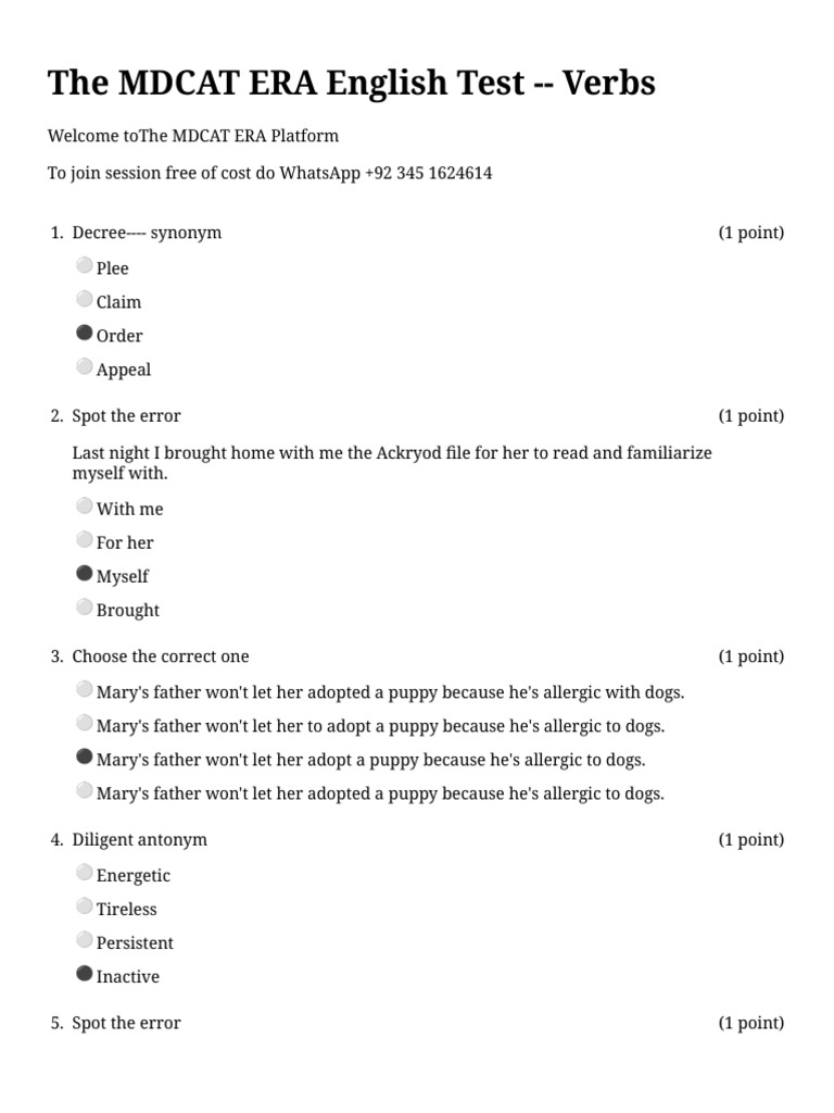 The MDCAT ERA English Test - Verbs | PDF