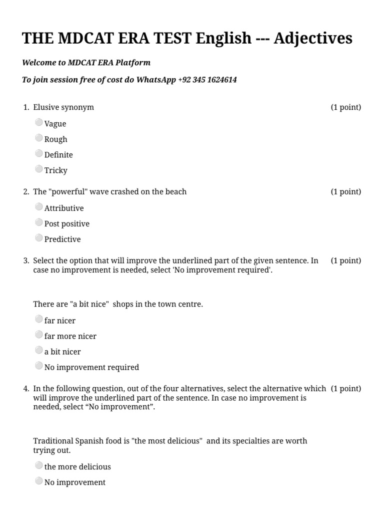 MDCAT ERA Test: Adjective Exercises | PDF | Adjective | Linguistics