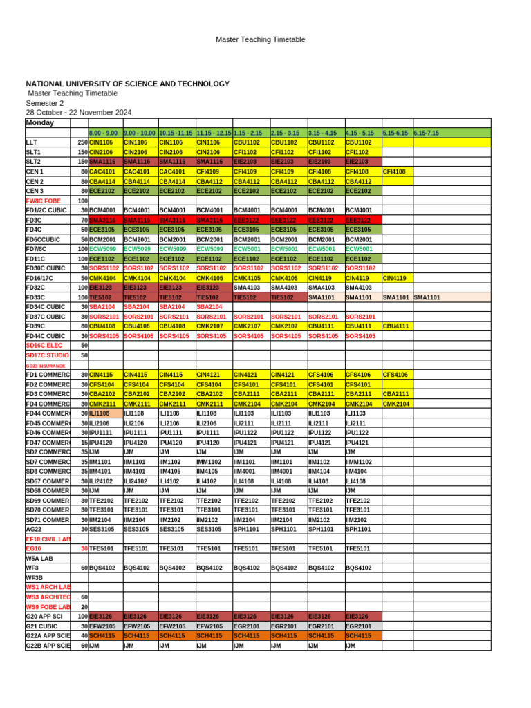 Master Teaching Timetable Second Semester August Intake From 28 October ...