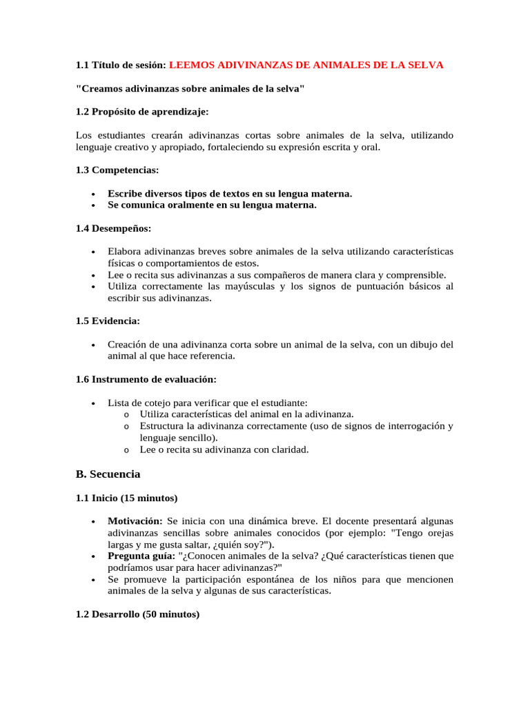 LEEMOS ADIVINANZAS DE ANIMALES DE LA SELVA | PDF | Cognición | Comunicación humana