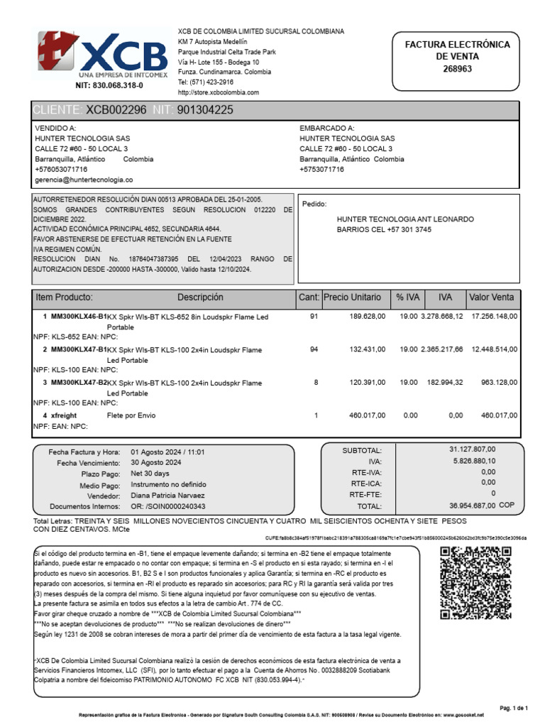 Factura Electrónica Venta Hunter Tecnología | PDF | Tecnología bancaria | Pagos