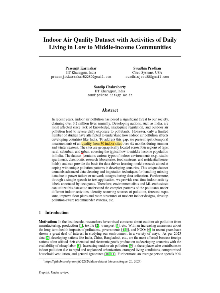 Indoor Air Quality Dataset With Activities of Daily Living in Low To ...