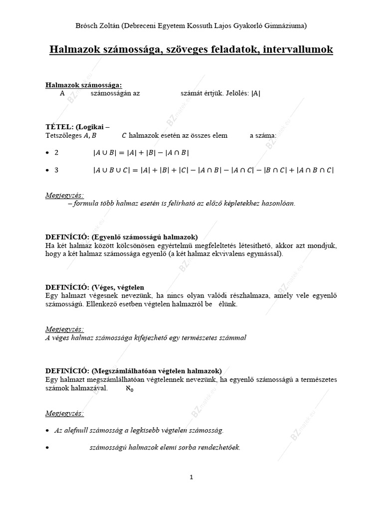 Halmazok Intervallumok II. E 1 | PDF