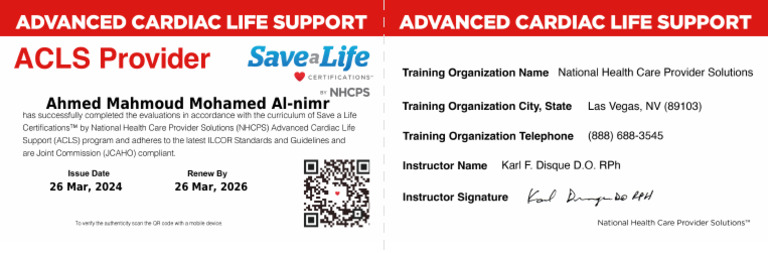 Acls Advanced Cardiac Life Support Certification Course Card | PDF