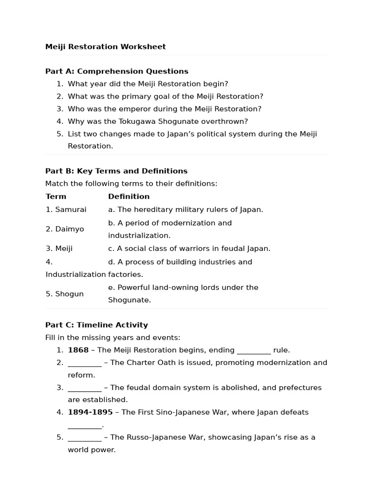 Meiji Restoration Worksheet | PDF | Japan | Feudal Japan