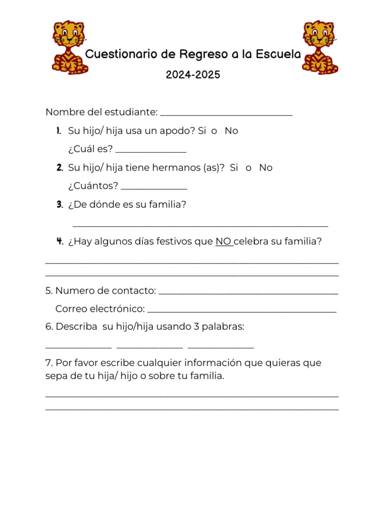 Cuestionario Regreso a la Escuela 2024 | PDF