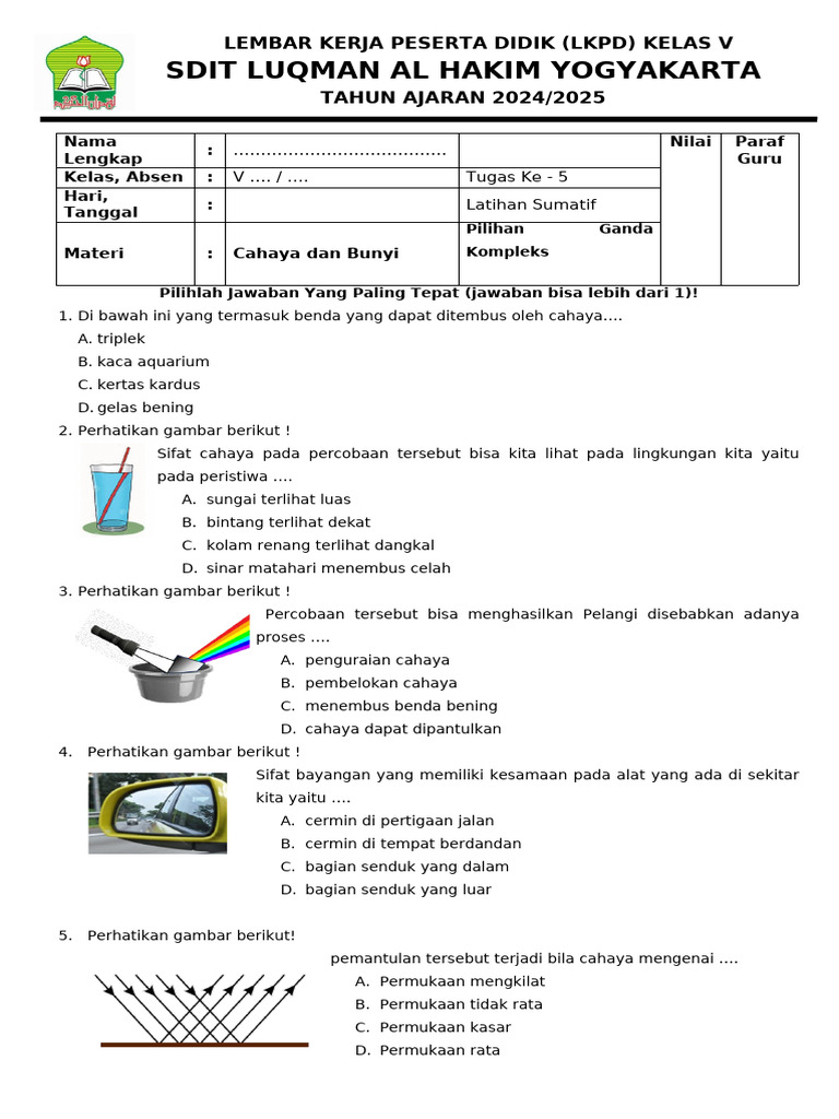 LKPD 4 PG Komplekas Cahaya Dan Bunyi Latihan Sumatif Kelas V 2024 10 Soal | PDF