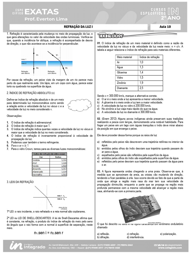 Aula 10 - Everton Lima - Exatas - 1ano - Valendo | PDF | Refração ...