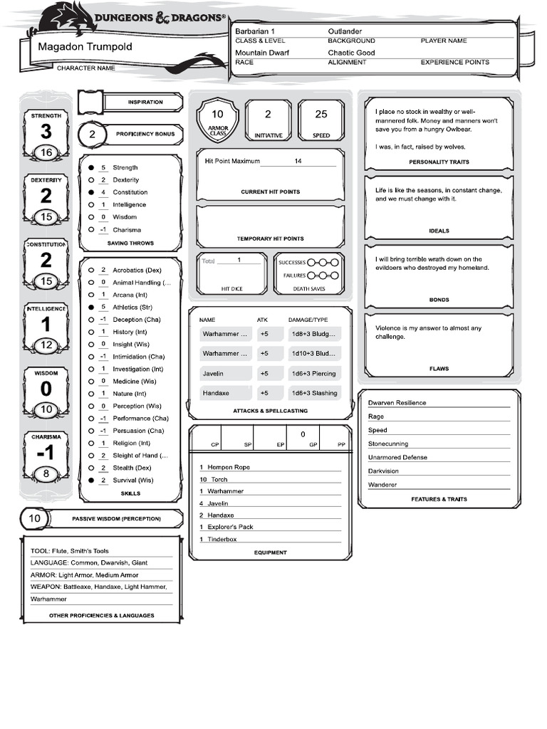 Dwarf Barbarian LVL 1 | PDF