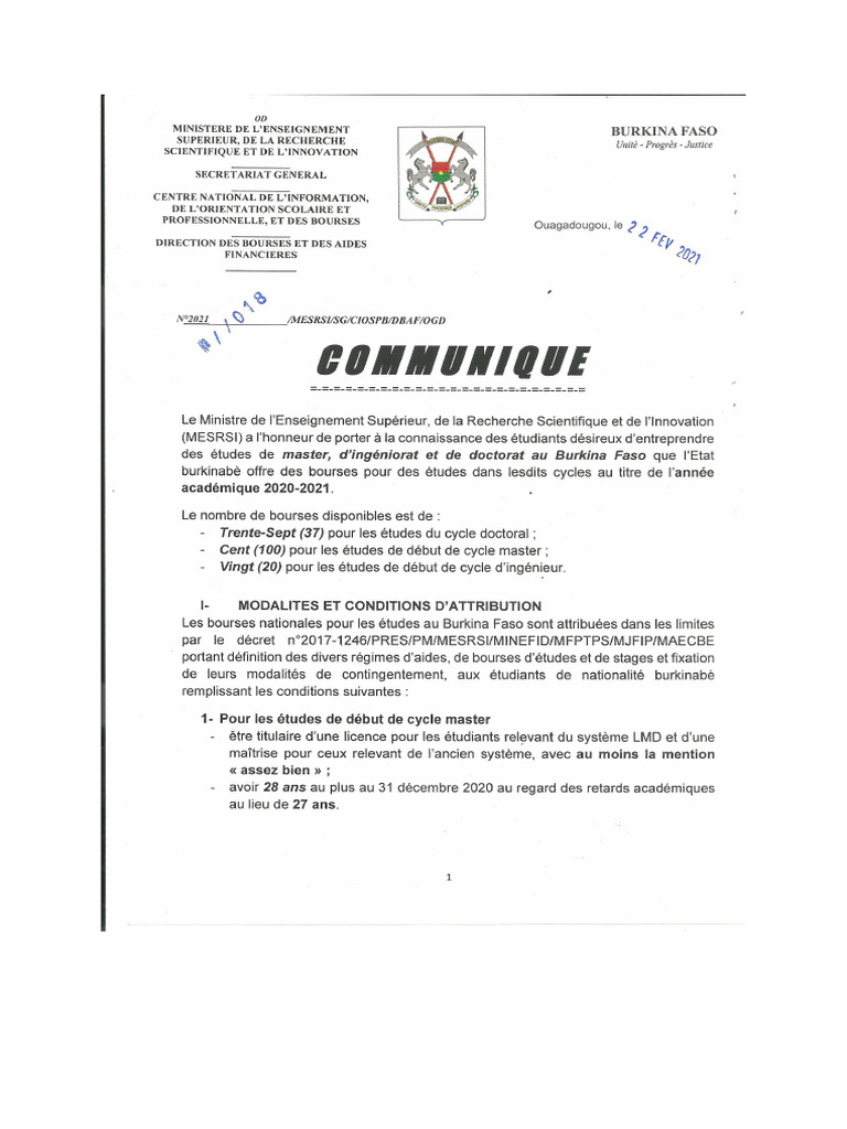 Bourse Master Ingeniorat Doctorat Fev 2021 | PDF