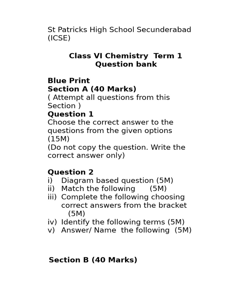 Class 6 Chemistry Term 1 Question Bank | PDF | Gases | Liquids