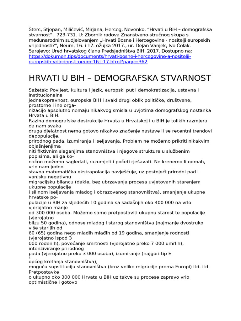 Hrvati U BiH - Demografska Stvarnost J Hrvati U Bih 2. Kolokvij | PDF