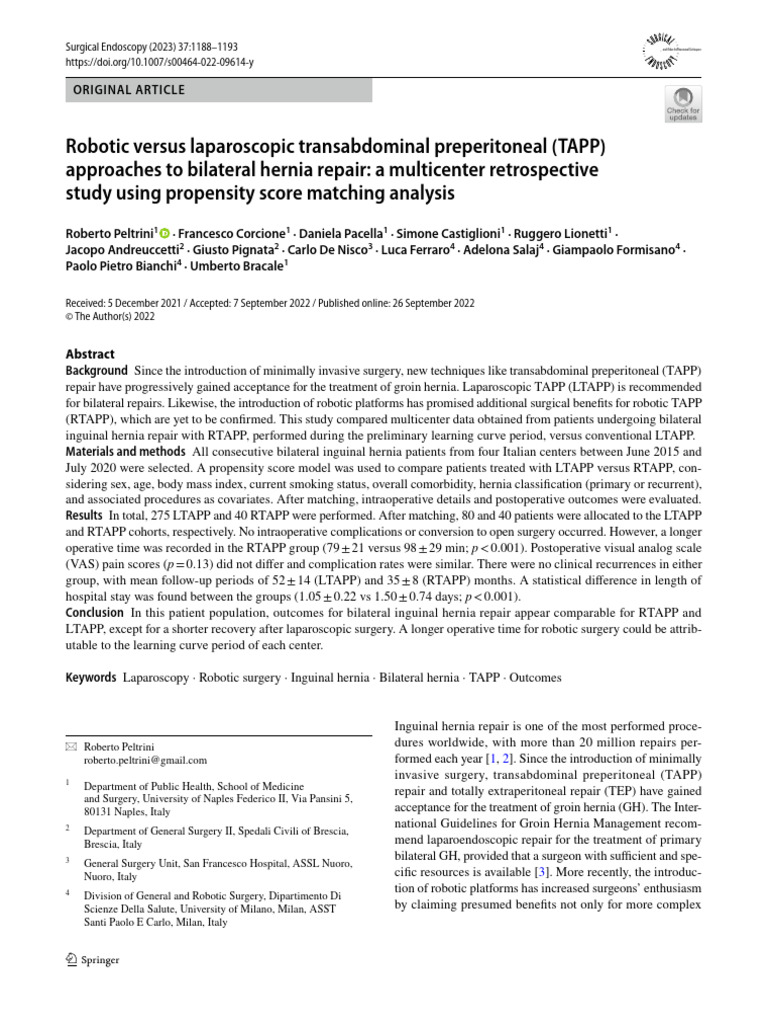 Robotic Versus Laparoscopic Transabdominal Preperitoneal (TAPP) Approaches To Bilateral Hernia ...