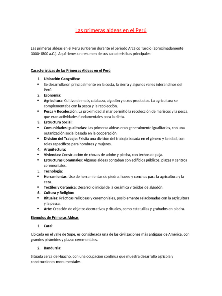 Primeras Aldeas en el Perú: Características | PDF