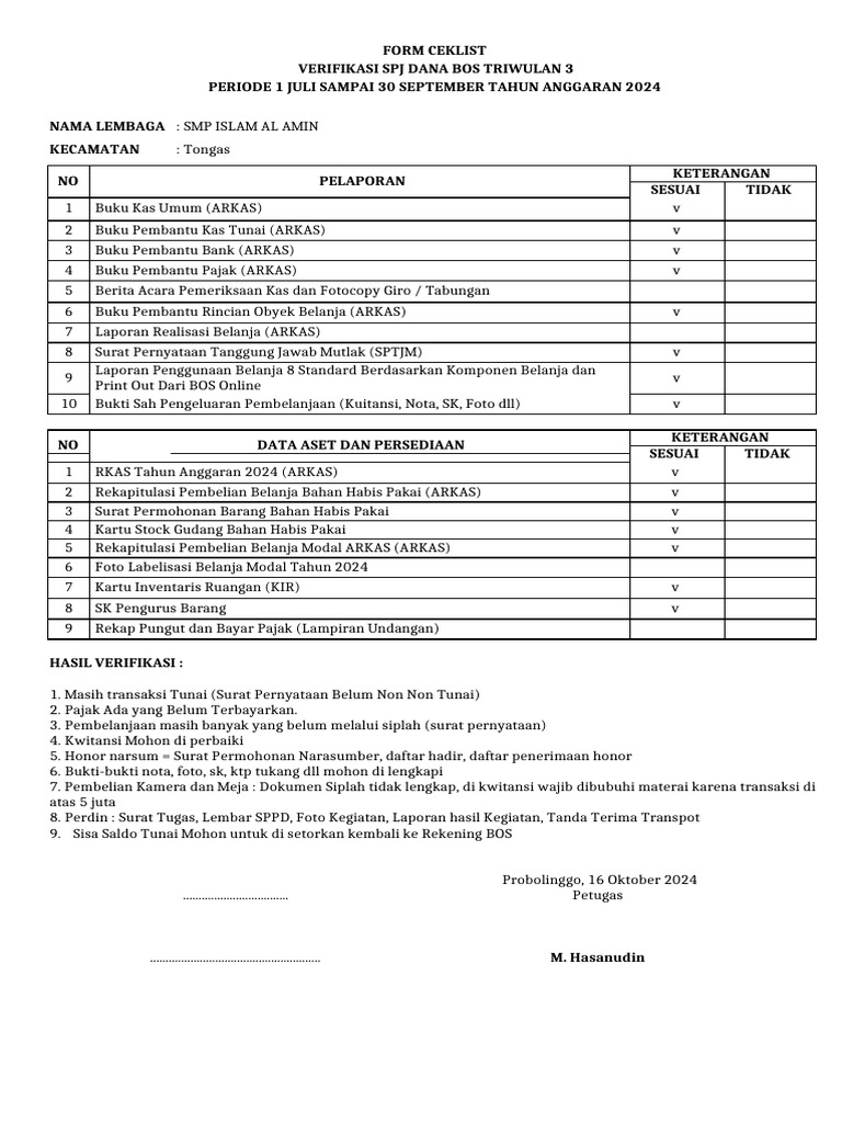 ! Form Ceklist Verifikasi SPJ Triwulan 3 2024 | PDF