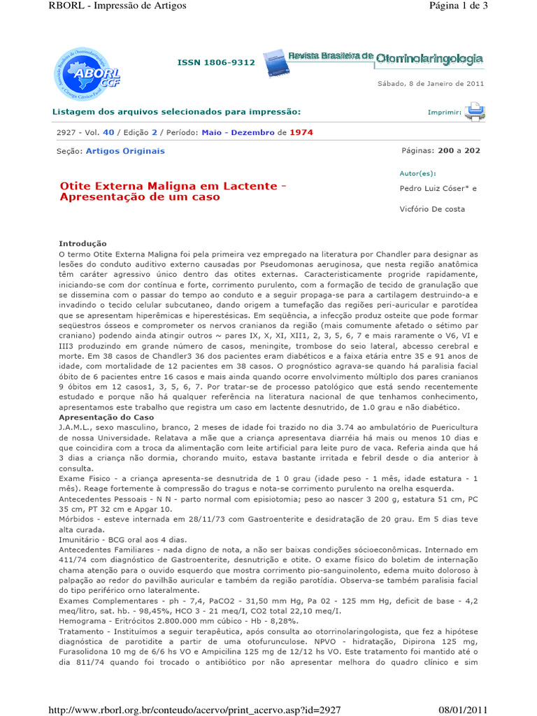 Otite Externa Maligna em Lactente Apresentacao de Um Caso | PDF ...