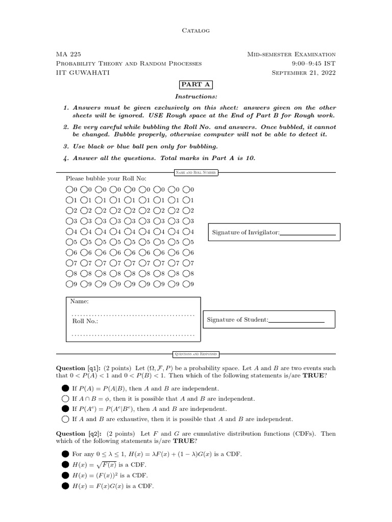 PART A MA225 MSQ Answer | PDF | Mathematics | Probability And Statistics
