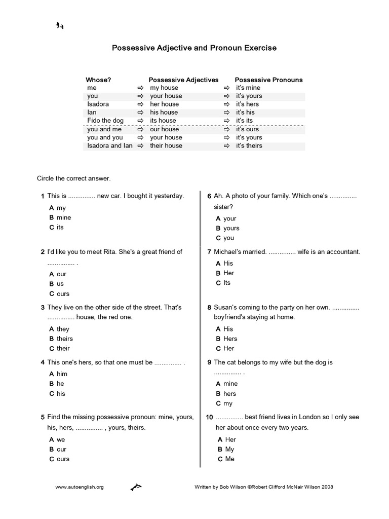 Possessive Adjective And Pronoun Exercise At Auto English Pdf