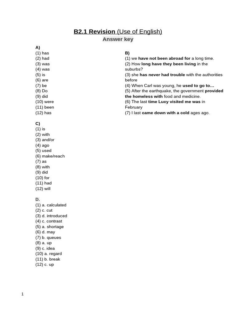 B2.1 Exam Practice Tasks First Test - Answer Key | PDF
