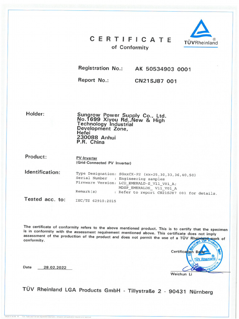 SG25-50CX-P2 IEC62910 Certificate | PDF