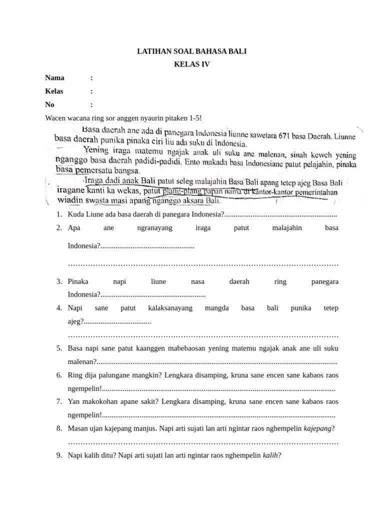 Latihan Soal Bahasa Bali Kelas IV | PDF | Language Arts & Discipline ...