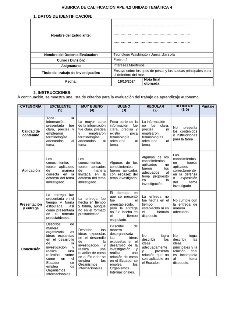Rúbrica de Calificación Ape 4.2 | PDF | Rúbrica (Académica) | Cognición