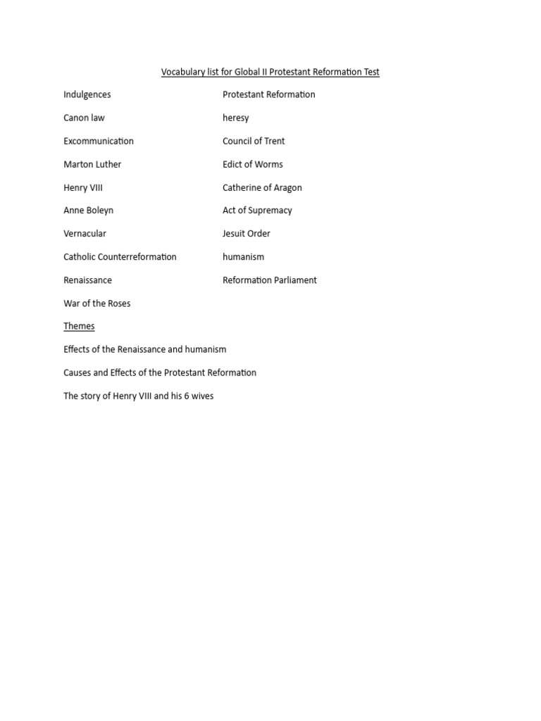 Protestant Reformation Vocabulary List | PDF