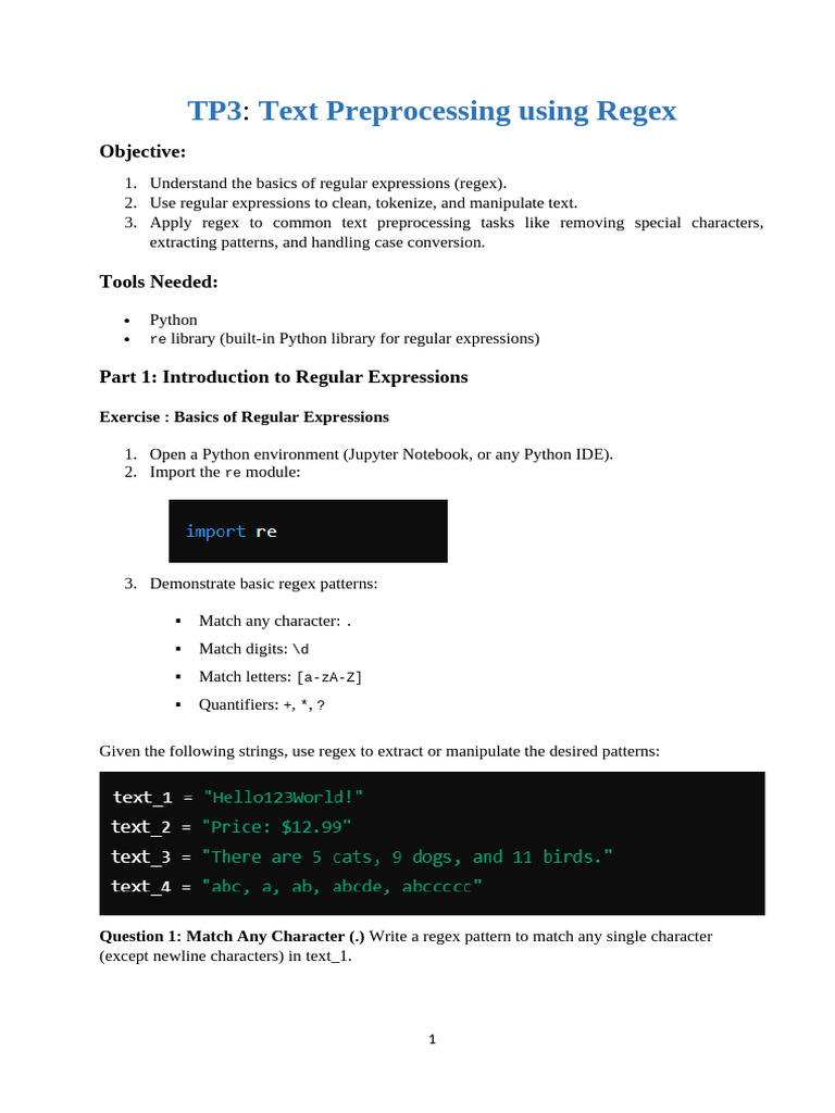 TP3 Text Preprocessing Using Regex: Objective | PDF | Regular Expression | Grammar