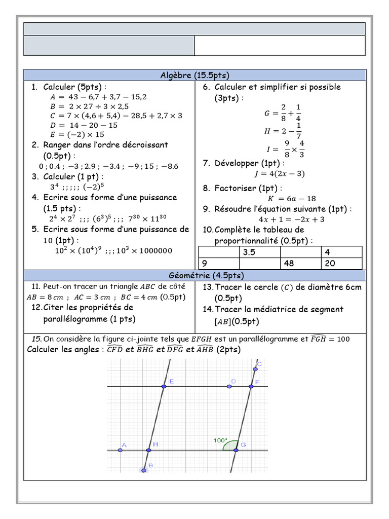 Test Diagnostique Math 2AC 2024/2025 | PDF | Mathématiques | Échecs