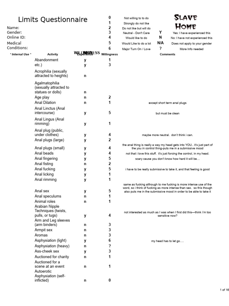 Limits-Questionnaire | PDF | Vagina | Handcuffs