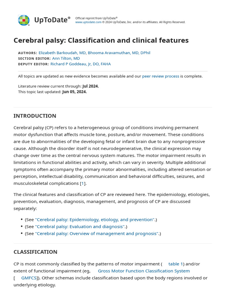 Cerebral Palsy - Classification and Clinical Features - UpToDate | PDF ...