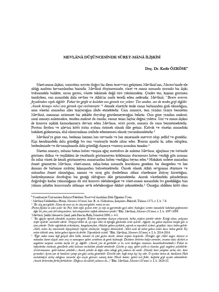Mevlana Dusuncesinde Suret Mana Iliskisi Kadir Ozkose | PDF