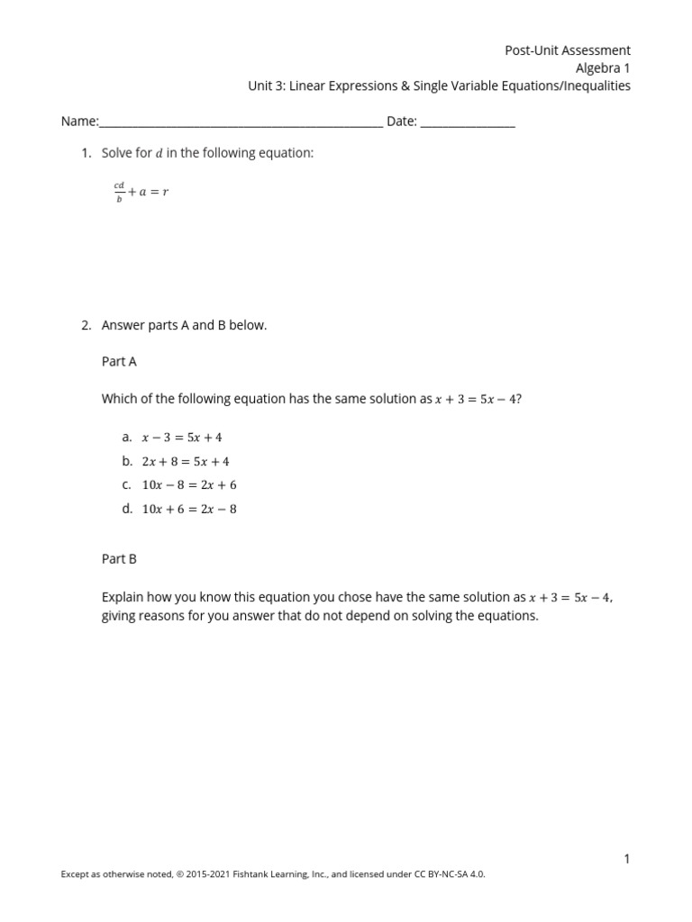 Alg1 U3 Assessment EHXQXJ | PDF | Equations | Algebra