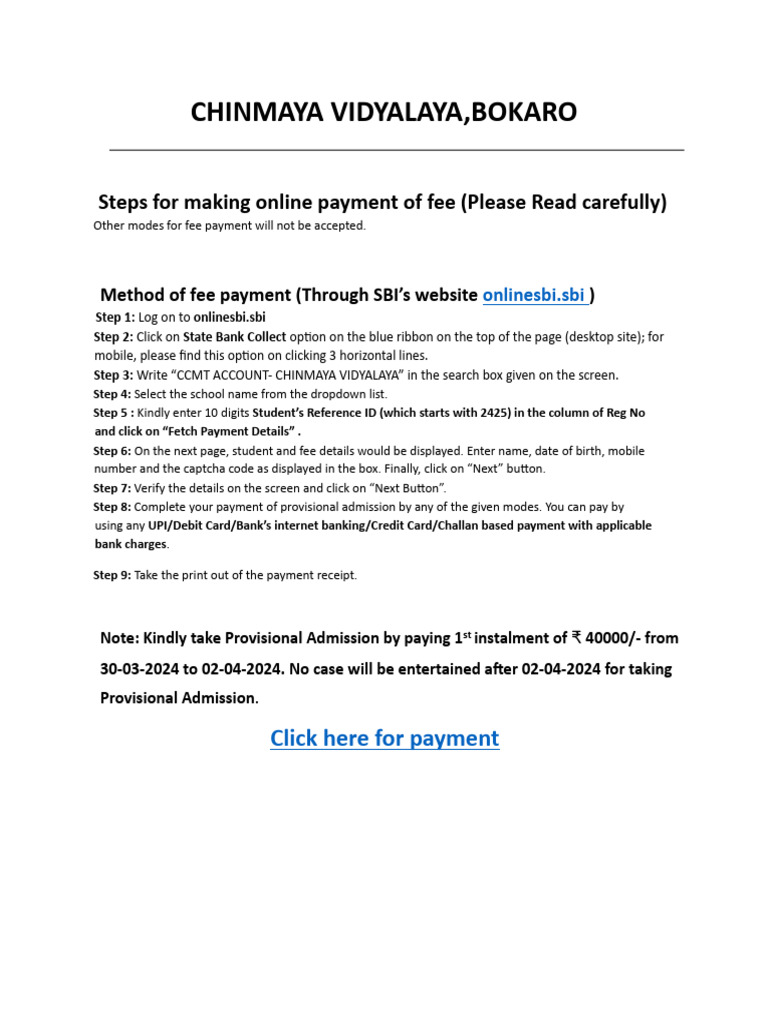 Chinmaya Vidyalaya Fee Payment Guide | PDF