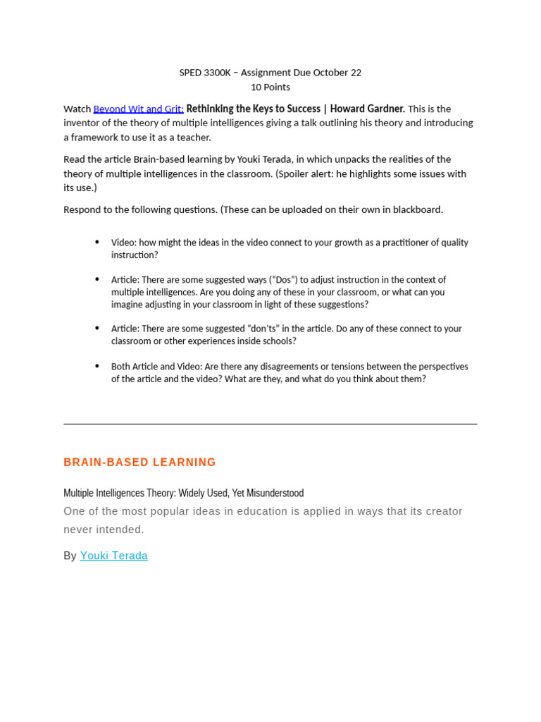 Assignment Due October 22 - Unpacking Multiple Intelligences | PDF | Learning Styles | Intelligence