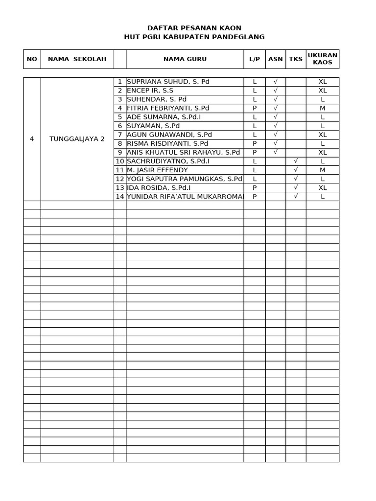 Tj2-Ukuran Kaos Por Pgri 2024 | PDF | Griya & Taman