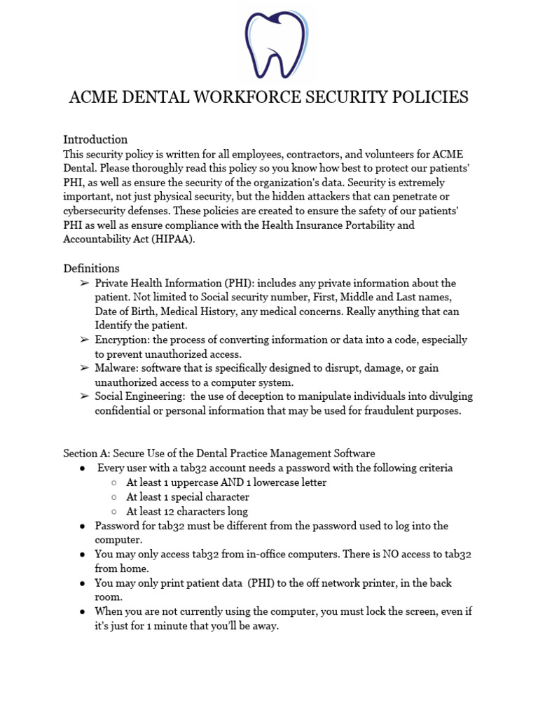 ACME Dental Workforce Security Policies | PDF | Security | Computer Security