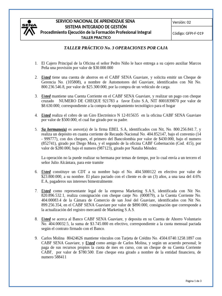 Taller Operaciones Por Caja 3 (V2) | PDF | Bancos | Cheque