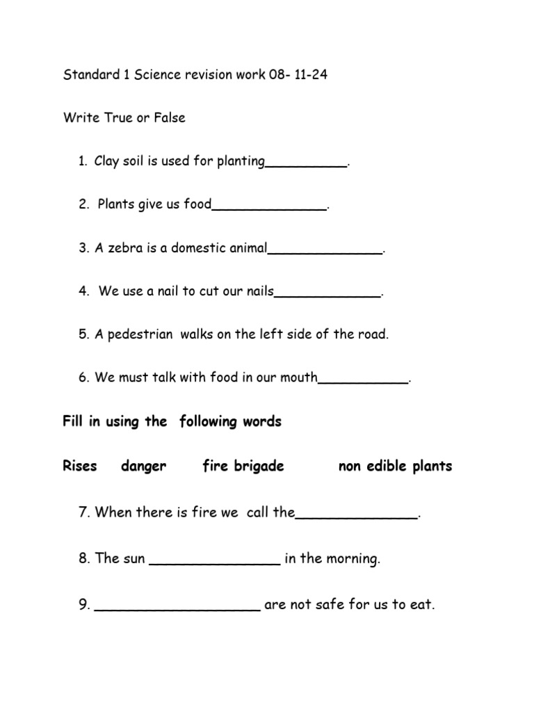 Standard 1 Science Revision Work | PDF