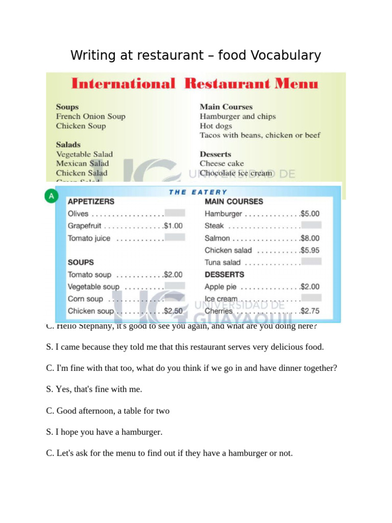 Restaurant Food Vocabulary Dialogue | PDF