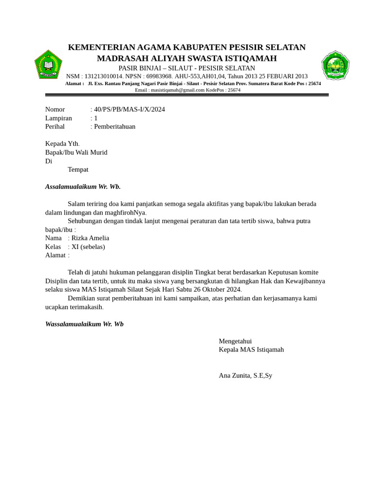 Surat Pengeluaran Siswa | PDF