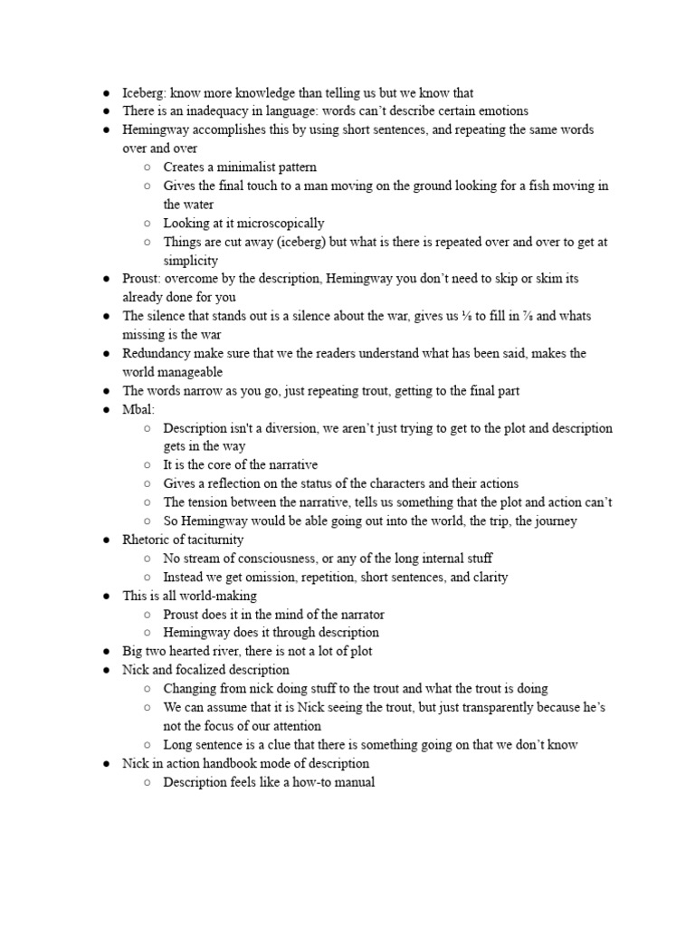 Hemingway Narrative Theory Class Notes | PDF | General Fiction