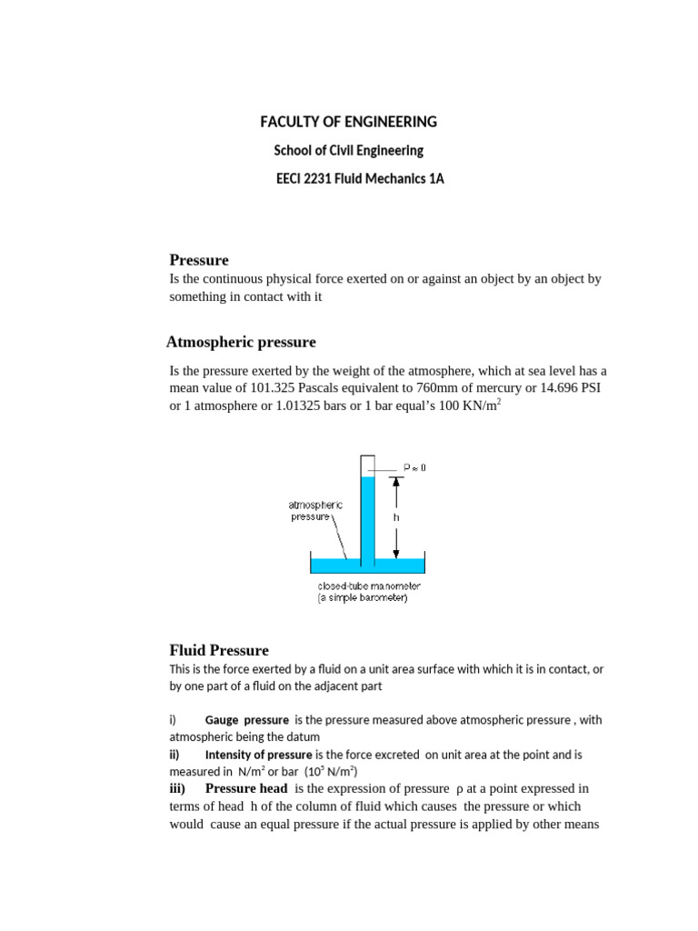 Ecsi 2023p Fuid Mechanics 1a - 2 | PDF | Pressure | Pressure Measurement