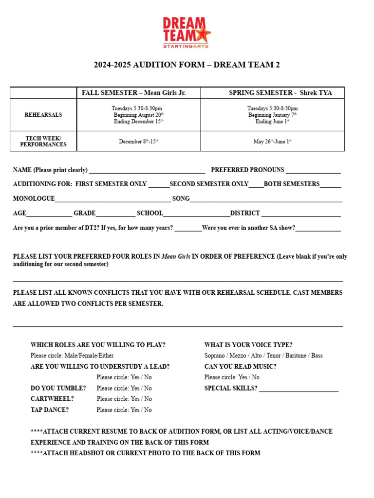 DT2 Audition Form 2024-2025 | PDF | Music Performance | Elements Of Music